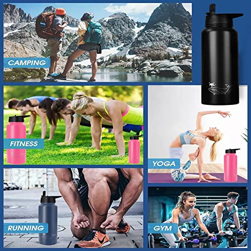 Stainless Steel Water Bottle 40 oz, 2 type Lid, Straw Lid, Wide Mouth, Leak Proof, Vacuum Insulated Stainless Steel, Double Walled, Carrying Pouch, Hot Cold Water, Powder Coating (Black)