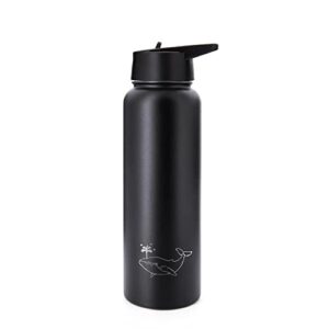 Stainless Steel Water Bottle 40 oz, 2 type Lid, Straw Lid, Wide Mouth, Leak Proof, Vacuum Insulated Stainless Steel, Double Walled, Carrying Pouch, Hot Cold Water, Powder Coating (Black)