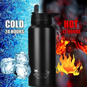 Stainless Steel Water Bottle 40 oz, 2 type Lid, Straw Lid, Wide Mouth, Leak Proof, Vacuum Insulated Stainless Steel, Double Walled, Carrying Pouch, Hot Cold Water, Powder Coating (Black)