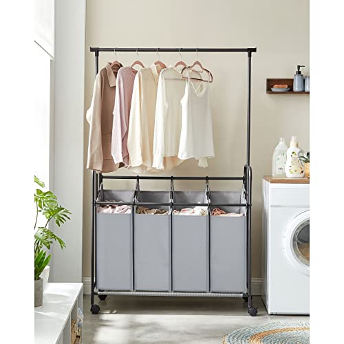 4-Bag Laundry Sorter Rolling Cart with Hanging Bar Heavy-Duty Wheels Gray Grey Polyester