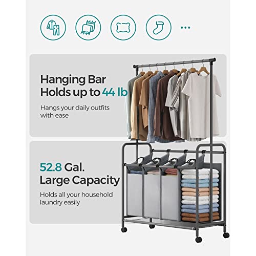 4-Bag Laundry Sorter Rolling Cart with Hanging Bar Heavy-Duty Wheels Gray Grey Polyester