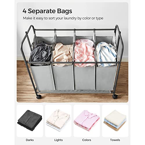 4-Bag Laundry Sorter Rolling Cart with Hanging Bar Heavy-Duty Wheels Gray Grey Polyester