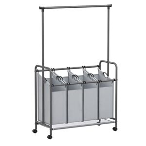 4-Bag Laundry Sorter Rolling Cart with Hanging Bar Heavy-Duty Wheels Gray Grey Polyester