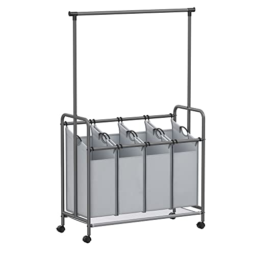 4-Bag Laundry Sorter Rolling Cart with Hanging Bar Heavy-Duty Wheels Gray Grey Polyester