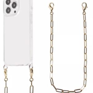 Luna Lucia Gold Wristlet Cell Phone Holder, Lanyard, Bracelet, Tether, Chain, Strap or Around the Wrist Holder | Like Emily in Paris | With Clear iPhone 13 Phone Case | Great Gift