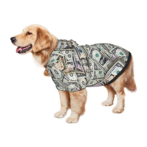 Large Dog Hoodie Dollars-Money-Cash-Pattern Pet Clothes Sweater with Hat Soft Cat Outfit Coat Small