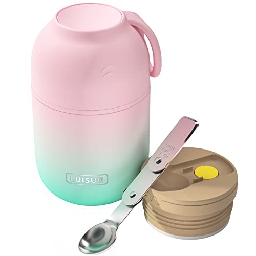 17 Oz Insulated Food Thermos Soup Thermos for Hot Food Kids Adults, 304 Stainless Steel Lunch Box Food Container with Folding Spoon, Vacuum Insulated Portable for School, Office, Outdoor (Pink)