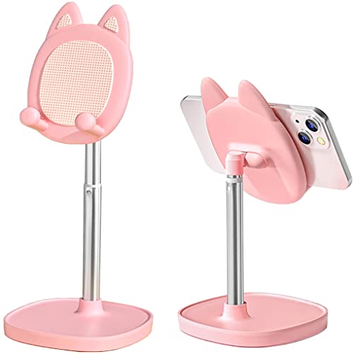 Hearsky Cute Cat Phone Stand, Cat Head Cell Phone Holder for Desk,Angle&Height Adjustable Compatible with All Smartphone,iPhone,Samsung,Tablet,iPad-Pink