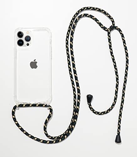 Ecofriendly iPhone 14 and iPhone 13 Pro Crossbody Cord Case Leash Hands-Free Adjustable Strap Landyard Shockproof Resistant Cover (Transparent Militar)