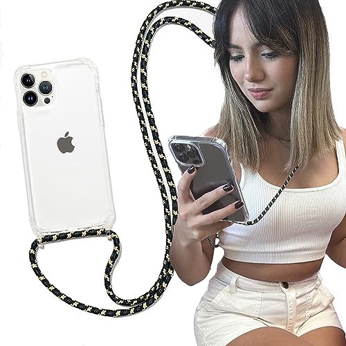 Ecofriendly iPhone 14 and iPhone 13 Pro Crossbody Cord Case Leash Hands-Free Adjustable Strap Landyard Shockproof Resistant Cover (Transparent Militar)