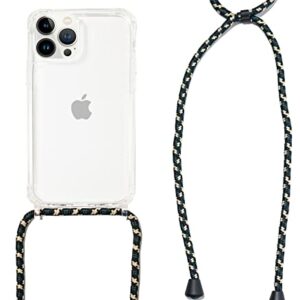 Ecofriendly iPhone 14 and iPhone 13 Pro Crossbody Cord Case Leash Hands-Free Adjustable Strap Landyard Shockproof Resistant Cover (Transparent Militar)