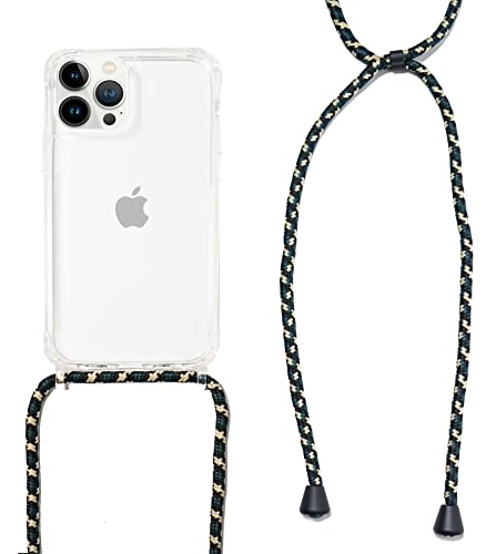 Ecofriendly iPhone 14 and iPhone 13 Pro Crossbody Cord Case Leash Hands-Free Adjustable Strap Landyard Shockproof Resistant Cover (Transparent Militar)