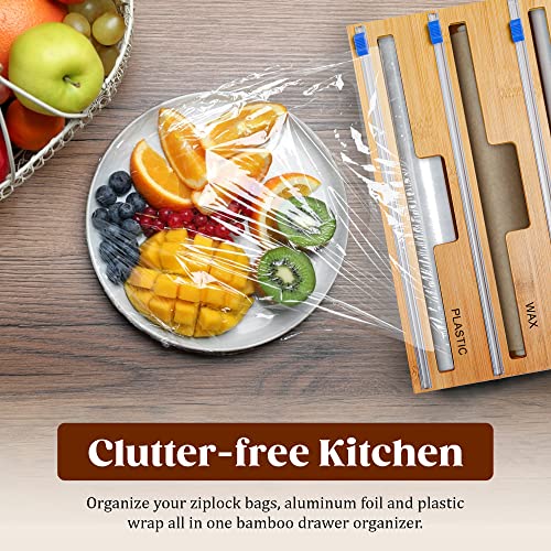 Aruva Kitchen Wrap Organizer 3 in 1 Dispenser with Cutter and Labels Aluminum Foil Plastic Wax Paper Bamboo Drawer Organizer 12" with Cutting Board