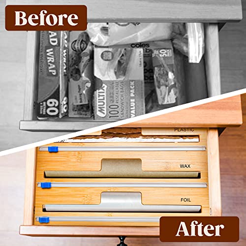 Aruva Kitchen Wrap Organizer 3 in 1 Dispenser with Cutter and Labels Aluminum Foil Plastic Wax Paper Bamboo Drawer Organizer 12" with Cutting Board