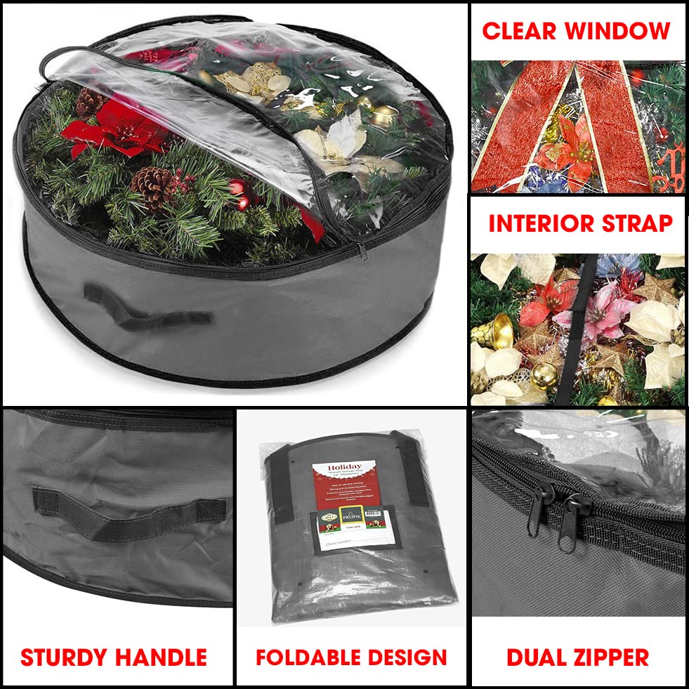 Primode Christmas Wreath Storage Bag 48" | Garland Wreaths Container with Clear Top Window for Easy Holiday Storage 48"X10"| Durable 600D Oxford Material (48", Gray)