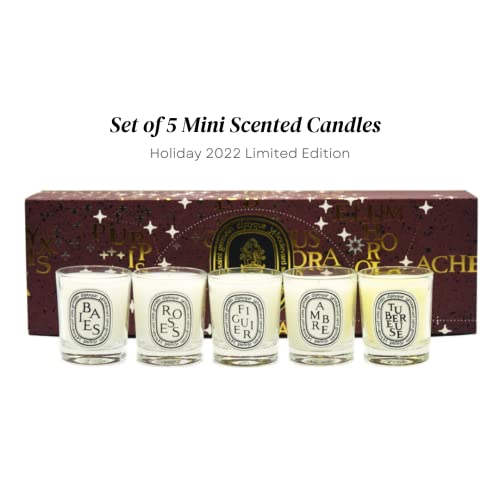 Diptyque Set of 5 35g Small Scented Candles Limited Edition Holiday Gift Set:: Baies / Berries, Roses, Figuier / Fig Tree, Ambre / Amber and Tubéreuse / Tuberose