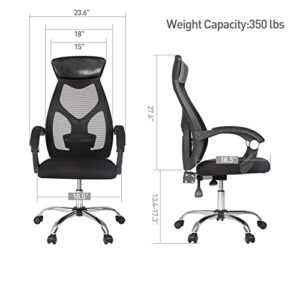 Ergonomic Office Desk Chair, Recliner with Mesh High Back Leather Headrest, Adjustable Lumbar Support Reclining Office Chair, Padded Armrest for Swivel Office Task Computer Chair, Modern Black