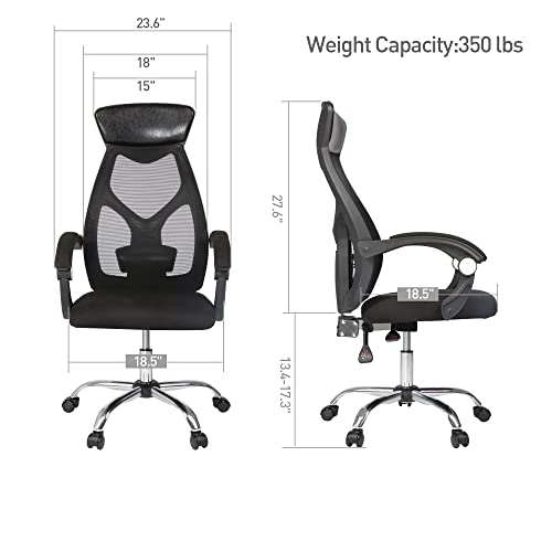 Ergonomic Office Desk Chair, Recliner with Mesh High Back Leather Headrest, Adjustable Lumbar Support Reclining Office Chair, Padded Armrest for Swivel Office Task Computer Chair, Modern Black