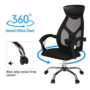 Ergonomic Office Desk Chair, Recliner with Mesh High Back Leather Headrest, Adjustable Lumbar Support Reclining Office Chair, Padded Armrest for Swivel Office Task Computer Chair, Modern Black