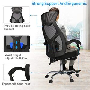 Ergonomic Office Desk Chair, Recliner with Mesh High Back Leather Headrest, Adjustable Lumbar Support Reclining Office Chair, Padded Armrest for Swivel Office Task Computer Chair, Modern Black