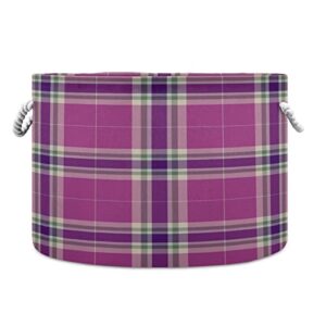 kigai purple plaid tartan round storage basket, toy basket bin with cotton rope handle, laundry basket hamper, clothes organizer 20 x 14 in