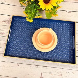 Umisriro Navy Blue Serving Tray with Handles, Plastic Decorative Tray for Ottoman, Coffee Table, Living Room, Kitchen 15.7”x10.2”