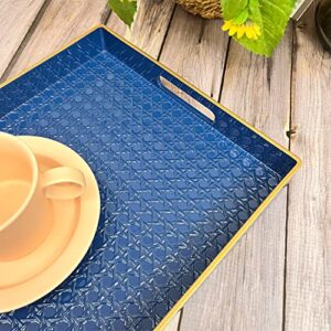 Umisriro Navy Blue Serving Tray with Handles, Plastic Decorative Tray for Ottoman, Coffee Table, Living Room, Kitchen 15.7”x10.2”