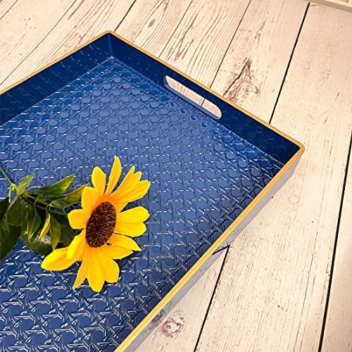 Umisriro Navy Blue Serving Tray with Handles, Plastic Decorative Tray for Ottoman, Coffee Table, Living Room, Kitchen 15.7”x10.2”