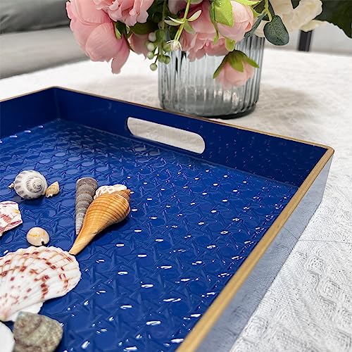 Umisriro Navy Blue Serving Tray with Handles, Plastic Decorative Tray for Ottoman, Coffee Table, Living Room, Kitchen 15.7”x10.2”