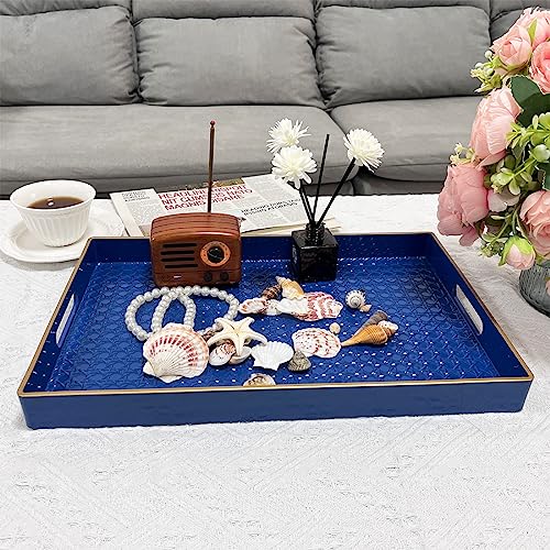 Umisriro Navy Blue Serving Tray with Handles, Plastic Decorative Tray for Ottoman, Coffee Table, Living Room, Kitchen 15.7”x10.2”