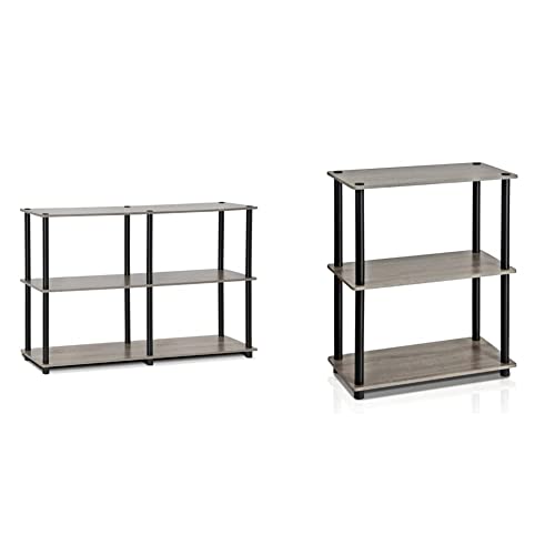 Furinno Turn-N-Tube 3-Tier Double Size Storage Display Rack, French Oak Grey/Black & Turn-N-Tube Display Rack, 3-Tier Single, French Oak Grey/ Black