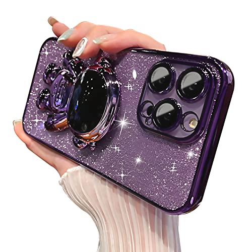 MANLENO Electroplated for iPhone 14 Pro Max Case for Women Girls Astronaut Hidden Stand Case with Camera Protection Foldable Astronaut Kickstand Phone Case Glitter Soft Protective Case (Deep Purple)