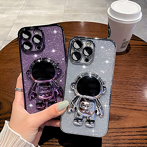 MANLENO Electroplated for iPhone 14 Pro Max Case for Women Girls Astronaut Hidden Stand Case with Camera Protection Foldable Astronaut Kickstand Phone Case Glitter Soft Protective Case (Deep Purple)