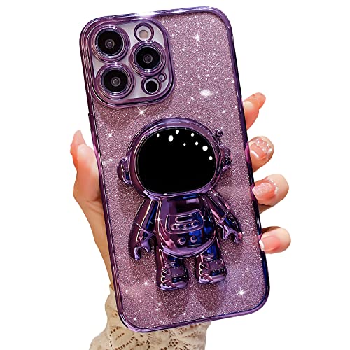 MANLENO Electroplated for iPhone 14 Pro Max Case for Women Girls Astronaut Hidden Stand Case with Camera Protection Foldable Astronaut Kickstand Phone Case Glitter Soft Protective Case (Deep Purple)