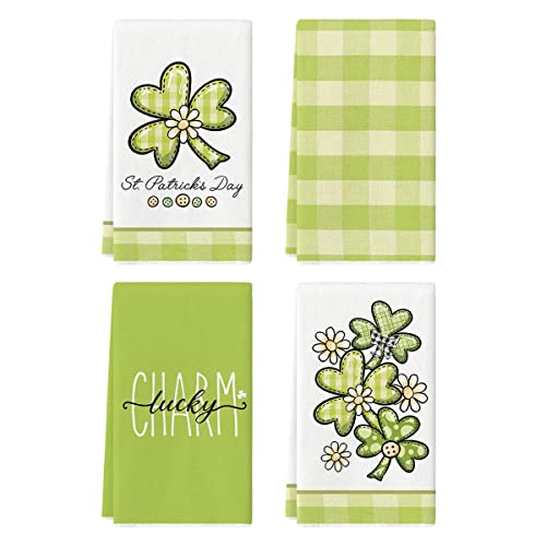 Artoid Mode Buffalo Plaid Shamrock St. Patrick's Day Kitchen Towels Dish Towels, 18x26 Inch Holiday Lucky Charm Decoration Hand Towels Set of 4