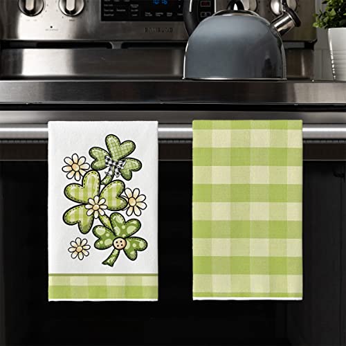 Artoid Mode Buffalo Plaid Shamrock St. Patrick's Day Kitchen Towels Dish Towels, 18x26 Inch Holiday Lucky Charm Decoration Hand Towels Set of 4