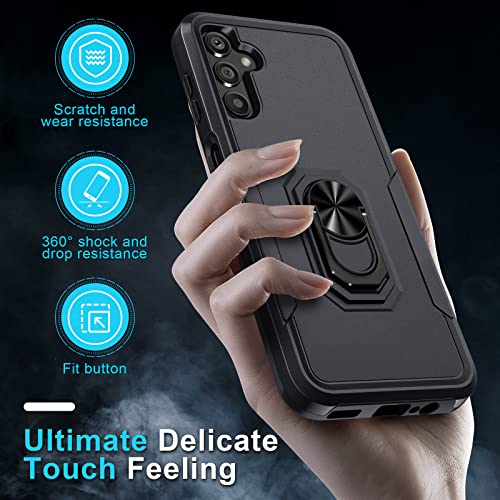 For Samsung Galaxy A14 5G Case with Screen Protector+Camera Lens Protector,Heavy Duty Shockproof Full Body Protective Phone Cover,Built in Rotatable Magnetic Ring Holder Kickstand,2023 Black Matte