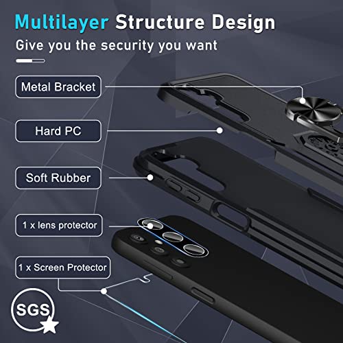 For Samsung Galaxy A14 5G Case with Screen Protector+Camera Lens Protector,Heavy Duty Shockproof Full Body Protective Phone Cover,Built in Rotatable Magnetic Ring Holder Kickstand,2023 Black Matte