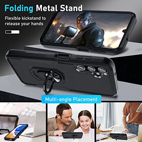 For Samsung Galaxy A14 5G Case with Screen Protector+Camera Lens Protector,Heavy Duty Shockproof Full Body Protective Phone Cover,Built in Rotatable Magnetic Ring Holder Kickstand,2023 Black Matte