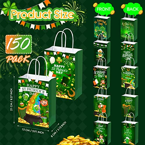 Crtiin 150 Pieces St Patrick's Day Paper Gift Bags with Handle Lucky Shamrock Treat Bags Green Treats Bags Goodie Candy Bags Wrapping Bags for St. Patrick's Irish Party Favors Supplies