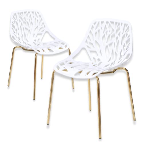 Pozbee Modern White Dining Chairs Set of 2, Birch Sapling Style Chairs for Dining Room, Hotels, Restaurants Indoor Outdoor, Elegant Kitchen Chairs with Gold Legs (2, White)