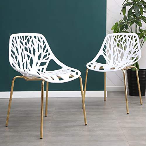 Pozbee Modern White Dining Chairs Set of 2, Birch Sapling Style Chairs for Dining Room, Hotels, Restaurants Indoor Outdoor, Elegant Kitchen Chairs with Gold Legs (2, White)