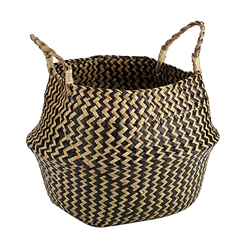 1Pc Foldable Natural Seagrass Woven Storage Basket Clothes Organizer Plant Flower Pot for Planting Home Decoration Laundry(Black)