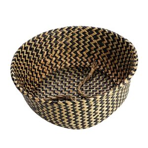 1Pc Foldable Natural Seagrass Woven Storage Basket Clothes Organizer Plant Flower Pot for Planting Home Decoration Laundry(Black)