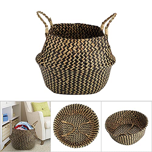 1Pc Foldable Natural Seagrass Woven Storage Basket Clothes Organizer Plant Flower Pot for Planting Home Decoration Laundry(Black)