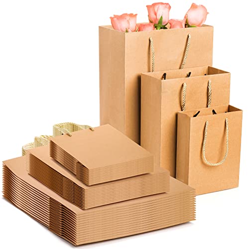 Lyellfe 45 Pack Brown Gift Bags, Heavy Duty Kraft Paper Bags with Handle, Assorted Recyclable Shopping Bags Bulk, Retail Bags, Merchandise Bags for Birthday, Wedding, Christmas, S, M, L