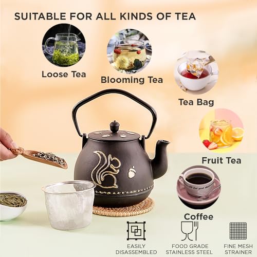 Japanese Cast Iron Tea Pot, Tetsubin Tea Kettle with Removable Loose Leaf Infuser, Japanese Teapots for Stove-Top Safe Hand Painted Squirrel Pattern Coated with Enameled Interior, 34 Oz (Dark Green)