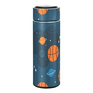 cataku small water bottle 12 oz, space planet basketball insulated water bottle for water coffee tea stainless steel flask thermos bottle reusable wide mouth vacuum travel mug