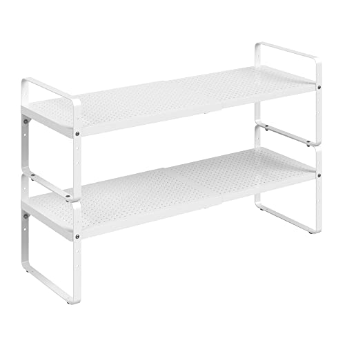 Expandable Cabinet Shelf Organizer Adjustable Metal Spice Rack Stackable Freestanding Counter Storage Shelves for Kitchen Cabinet Under Sink Office Desk (White - 2Pack - L16.5-27'' * W10.2'' * H9.6'')