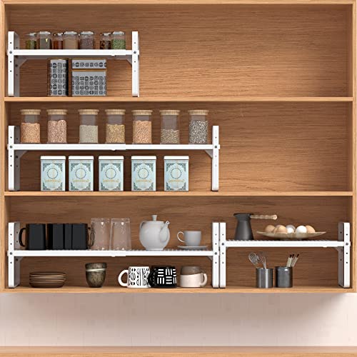 Expandable Cabinet Shelf Organizer Adjustable Metal Spice Rack Stackable Freestanding Counter Storage Shelves for Kitchen Cabinet Under Sink Office Desk (White - 2Pack - L16.5-27'' * W10.2'' * H9.6'')